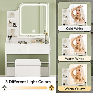 LIKIMIO Makeup Vanity Desk with Mirror and Lights, Vanity Table Set with Storage Drawer, Chair and Three Shelves, White