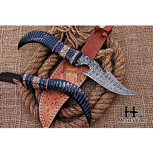 HUNTEX Unique Custom Handmade Hand Forged Ladder Pattern Damascus Steel 12.5 Inch Long Full Tang Buffalo Horn Handle Razor Sharp Hunting Camping Hunter's Gut Hook Knife with Genuine Leather Sheath