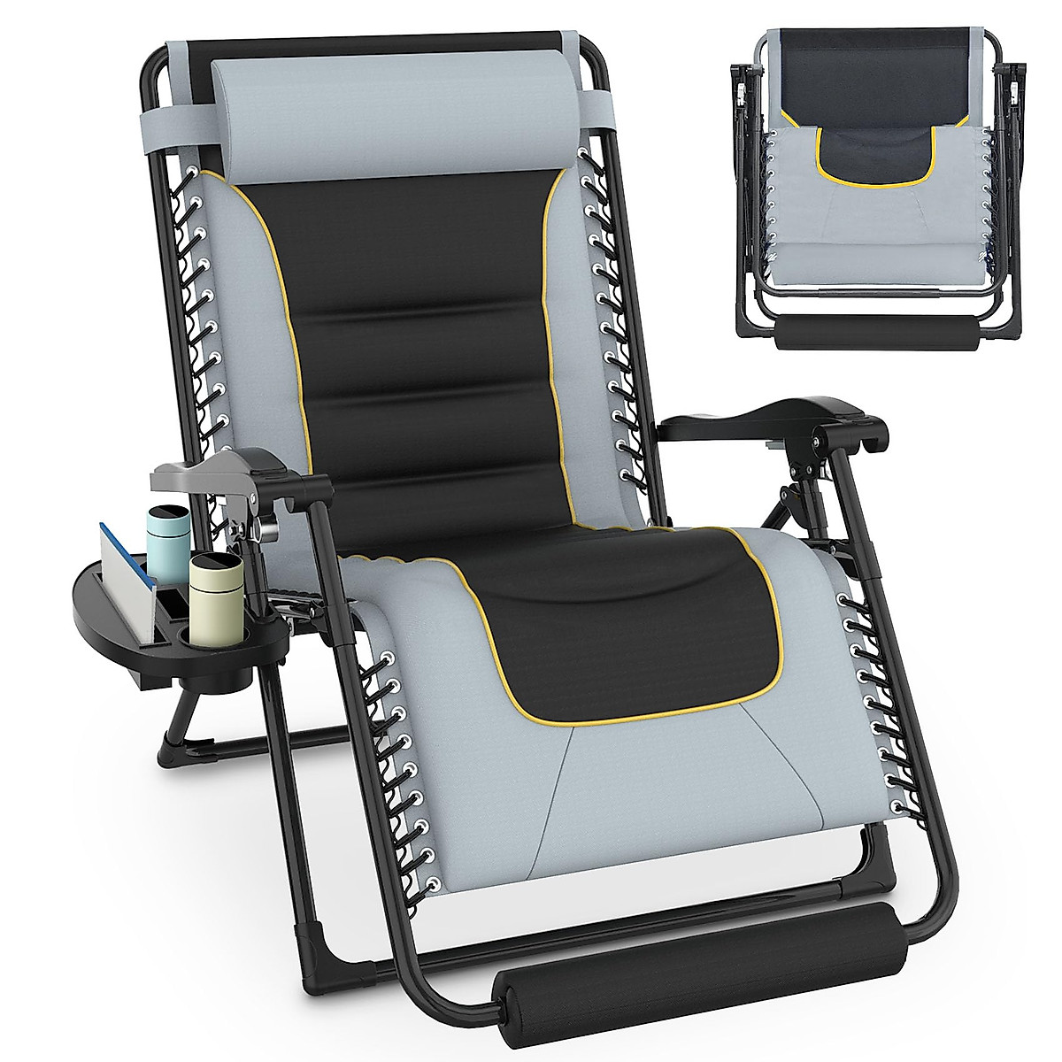 Slendor Oversized Padded Zero Gravity Chair, 29Inch XL Reclining Camping Lounge Chair with Large Cup Holder & Footrest, Reclining Patio Chairs Folding Recliner for Outdoor Indoor, Gray