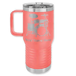 LaserGram 20oz Vacuum Insulated Travel Mug with Handle, Drum Set, Personalized Engraving Included (Coral)