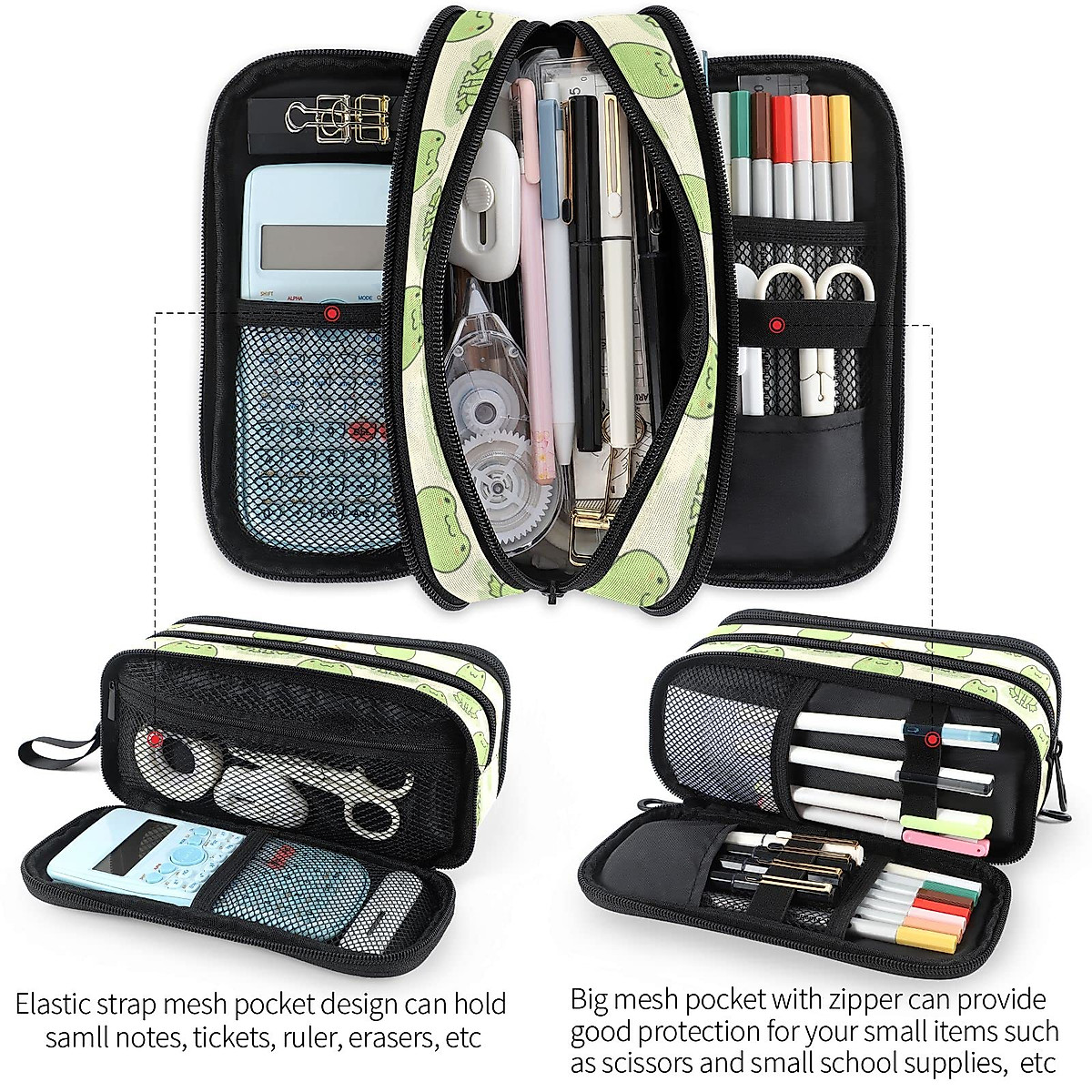 Fustylead Cute Frog Big Capacity Pencil Pen Case, Multi-Purpose Makeup Bag Organizer Storage Pouch for Office College School Hiking Travel