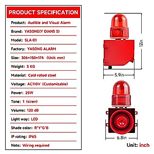 Industrial Sound and Light Alarm Siren - LED Strobe Warning Light 120dB Loud Horn Outdoor Security Siren 25W AC110V