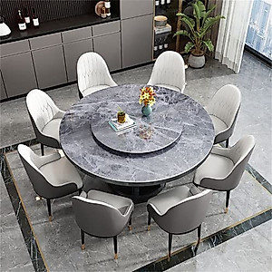 LAKIQ Modern Round Dining Table with Lazy Susan Slate Stone Table Top with Wood Base Pedestal Dining Table Luxury Style Kitchen Dining Table-Table Only(White,59.1" L x 59.1" W x 29.5" H)