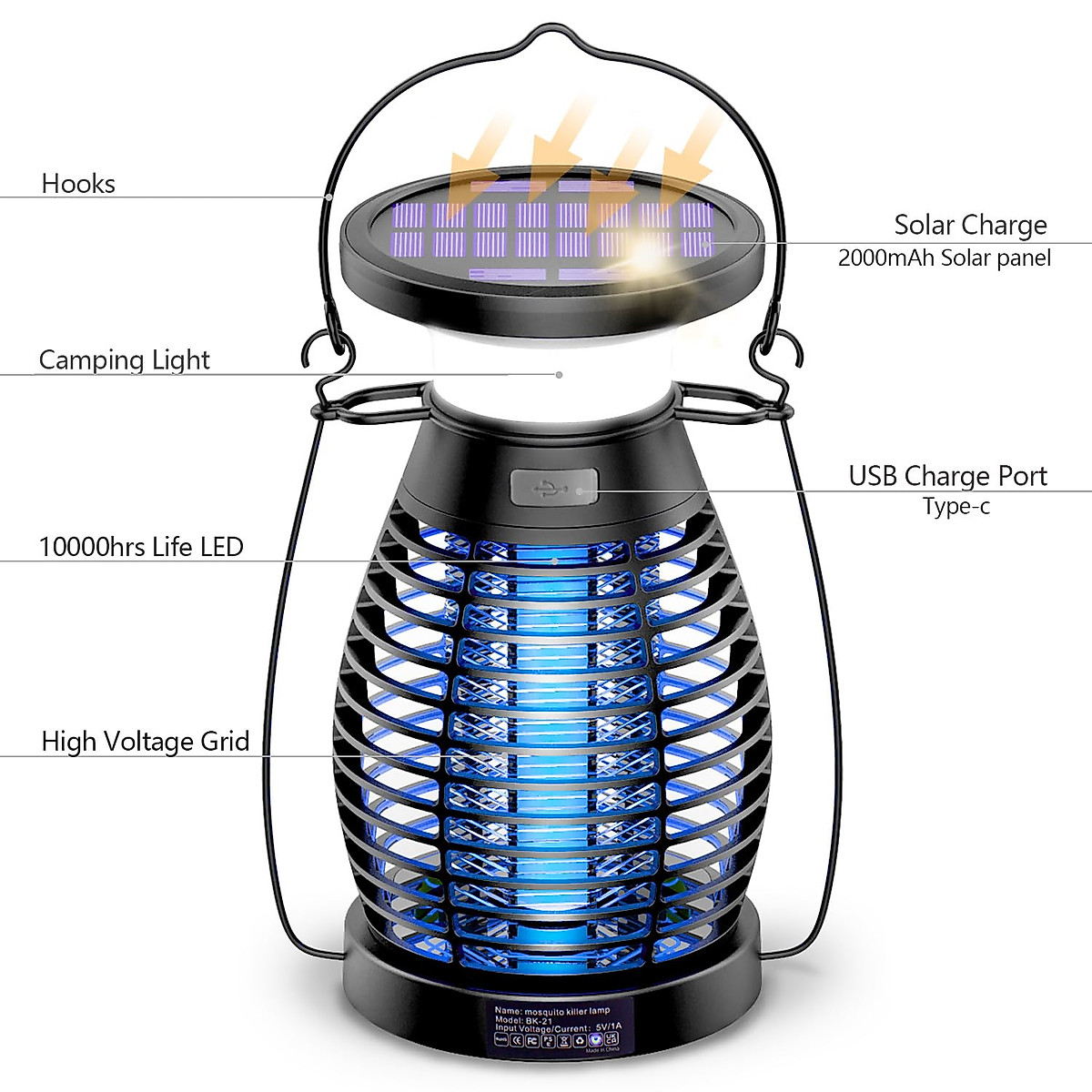 BANPESTT Solar Bug Zapper Outdoor Indoor Waterproof,3-in-1 Cordless Mosquito Zapper,Rechargeable Flying Insect Trap for Fruit Fly,Gnat,Wasp,Moth,Mosquito Trap & Killer for Camping,Home,Patio