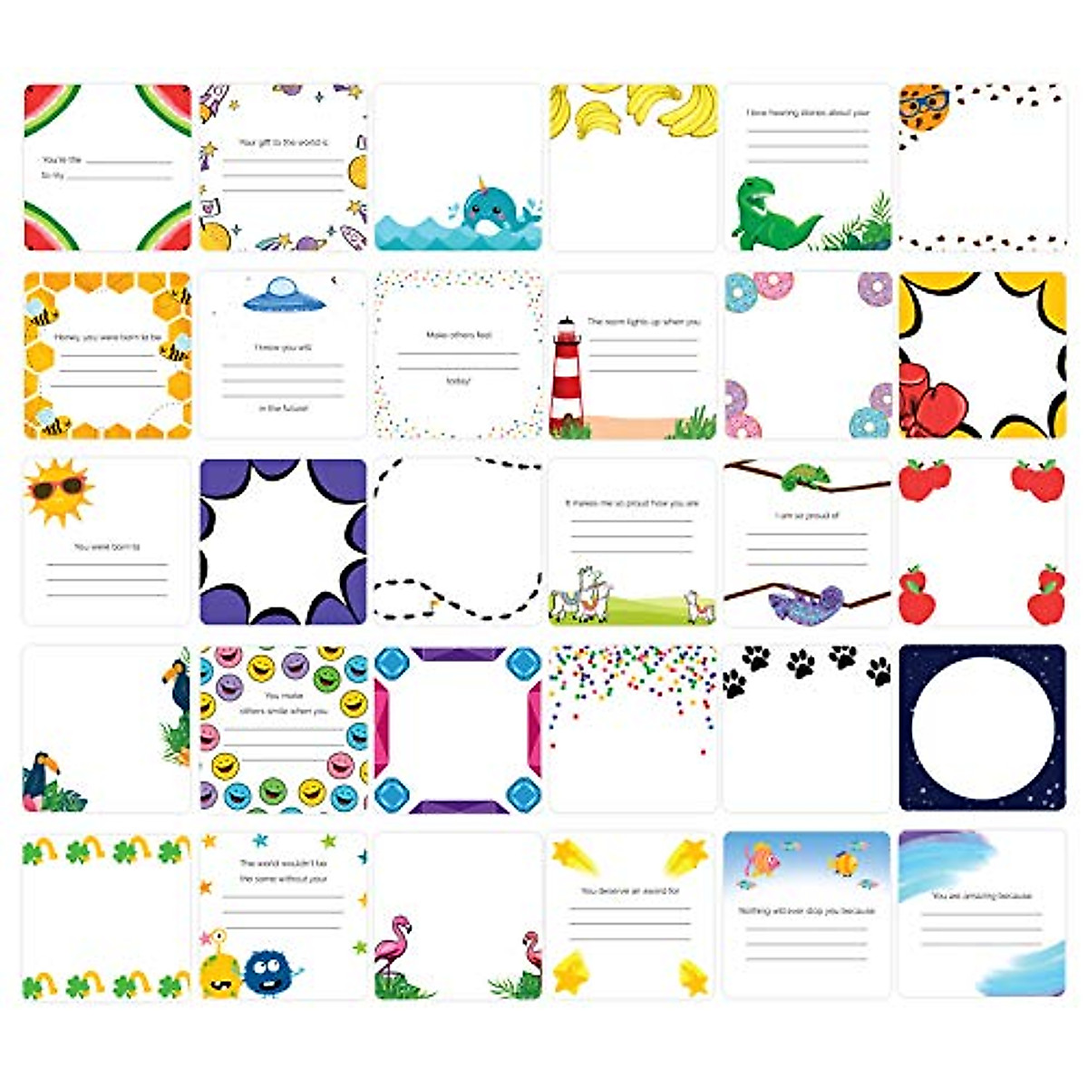 bloom daily planners Lunch Box Note Card Deck - Cute Sentimental Quote Cards for Kids - Set of Thirty 3" x 3" Cards - Assorted Designs