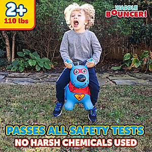WADDLE Bouncy Hopper Inflatable Hopping Animal, Indoors and Outdoors Toy for Toddlers and Kids, Pump Included, Boys and Girls Ages 2 Years and U (Blue Super Hero Dog)