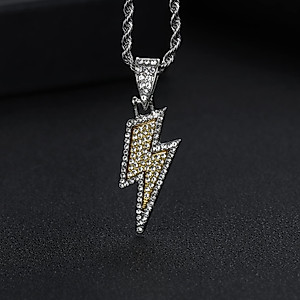 Jewenova Hip Hop Lighting Bolt Necklace, Gold And Silver CZ Iced Out Lighting Pendant, Rope Chain Jewelry For Wen Women Boyfriend Gifts with Box