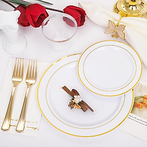 GATHER 350pcs Gold Plastic Plates - Disposable Plastic Dinnerware Set Include 50 Gold Dinner Plates, 50 Gold Salad Plates, 150 Silverware, 50 Napkins, 50 Cups Perfect for Party & Wedding