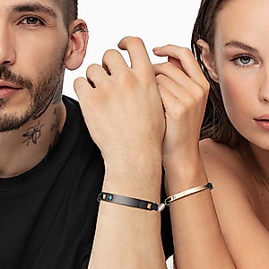 Personalized Custom His and Hers Handmade Rope Braided Nameplate ID Matching Couple Bracelets for Lover (Black-rosegolden-black 5-7mm couple customize-heart)