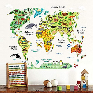 HomeEvolution Large Kids Educational Animal Landmarks World Map Peel & Stick Wall Decals Stickers Home Decor Art for Nursery