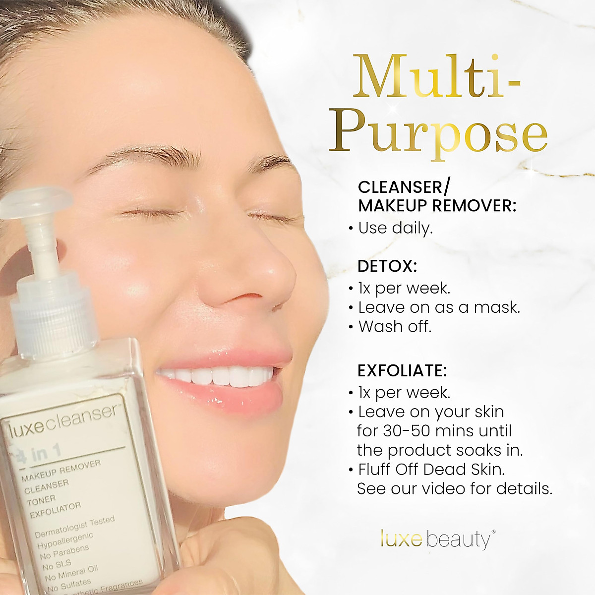 Luxe Cleanser All-in-One Hypoallergenic Face Cleanser + Natural Makeup Remover Face Wash + Exfoliator for All Skin Types – No Parabens, No Silicones – W/ Organic Botanicals: Thyme, Pineapple & Papaya