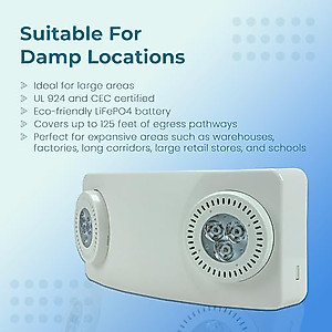 NFT High Output LED Emergency Lighting Fixture - Hard Wired 125' Path Coverage with 90 Minute LiFePO4 Battery, Self-Testing UL 924 & CEC Certified, Versatile Mounting (White)