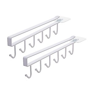 OULLYY 2 Pack 6-Hook Under Cabinet Mug Hanger, Adhesive Cup Holder Coffee Cup Mug Holder for Kitchen, 6 Hooks Tea Mug Holder for Cupboard (2pcs White)