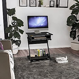 ALISENED Computer Desk for Small Spaces,23.6" Z-Shaped Compact Study Table with Smooth Keyboard Tray,with Wheels and Bottom Shelves for Home Office，Computer Cart Mobile Laptop Cart