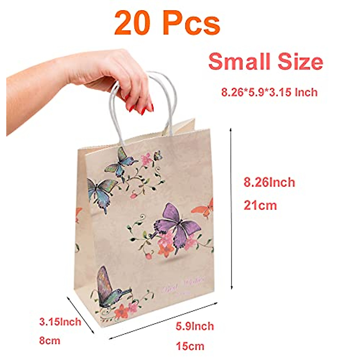 YYaaloa 20pcs Small Gift Bags Kraft Paper Bags with Handle Butterfly flower Party Favor Bags for Baby Shower Kids Birthday Wedding Xmas Party Supplies Restaurant takeouts, and Store Owners (20)