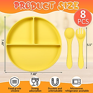 Tanlade 8 Pack Suction Plates for Baby Toddler Plates with Suction Kids Silicone Suction Plate, Silicone Plates, Silicone Divided Plates with Spoon and Fork for Infants 8 Colors