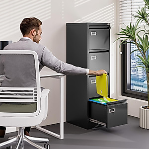 BYNSOE 4 Drawer File Cabinet with Lock Metal Vertical File Cabinet Office Home Vertical File Cabinet for A4 Legal/Letter Size Narrow File Cabinet Locked,Assembly Required (Black, 4 Drawers- Vertical)