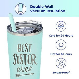 Best Sister Ever Insulated Stainless Steel Tumbler Cup with Slide Close lid and Straw - Insulated Mugs for Coffee, Wine & Travel, Personalized & Funny Mugs - Best Little Sister - Big Sister Presents