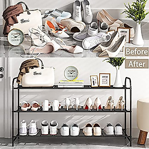 Ekisemio Extra Long 3-Tier Shoe Rack Organizer, Stackable Double Shoe Shelf Storage for 42 Pairs, Heavy Duty Metal Wire, Black