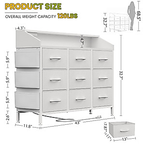 Lulive White Dresser for Bedroom 9 Drawers - Fabric Dressers for Bedroom with LED Light & Charging Station - Adults Chest of Drawers for Living Room Hallway Closet Nursery (White)
