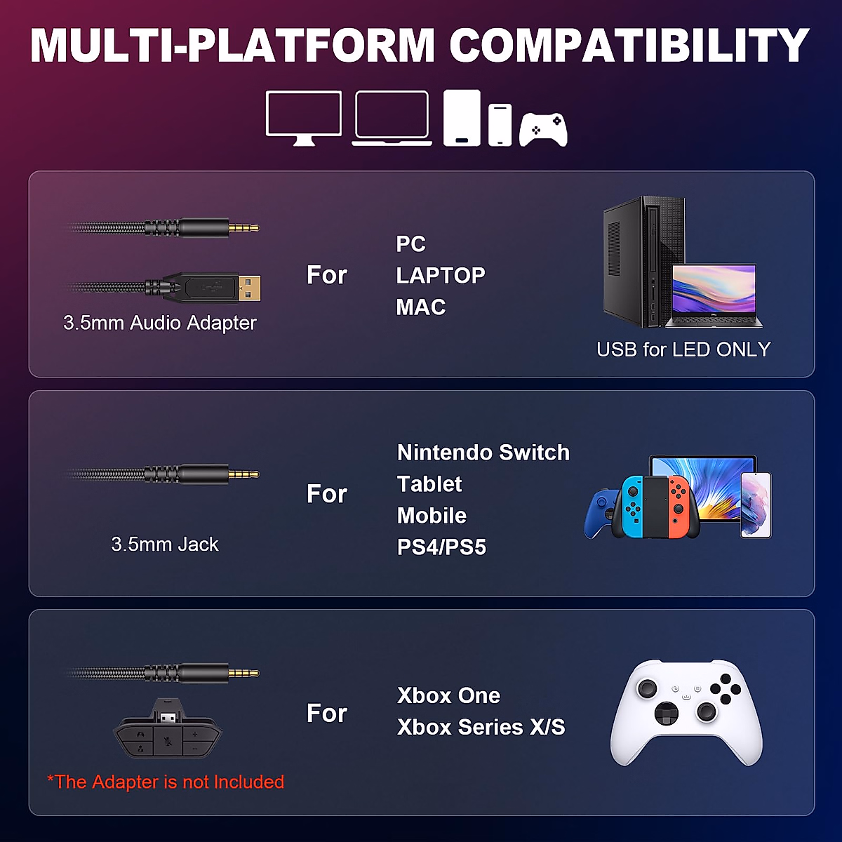 Krysenix PG1 Gaming Headset with Microphone for PS4, PS5, PC, Switch, Xbox, Gaming Headphones with RGB Light, Computer Headset with Mic & 3.5mm Jack