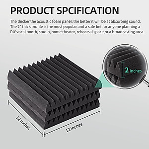Acoustic Foam Panels - Pack of 12 Flame Retardant Sound Proof Foam Panels for Walls Ceilings Reduces Reverb Echo 12” x 12” x 2” Sound Insulation Wedge Noise Cancelling Foam Tiles for Home Office
