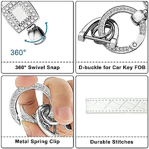 OHKYOOT Microfiber Leather Wristlet Keychain,Key Chain Holder Car Keys Keychain with 5 Key Ring and Anti-Lost D Ring (White Silver)