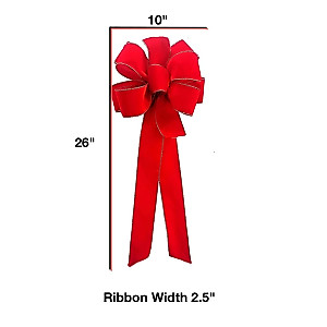 Rocky Mountain Goods 10” x 26” Christmas Red Bow with Gold Edges - Indoor/Outdoor Bow for Wreaths, Tree Topper, Door, Post (1)