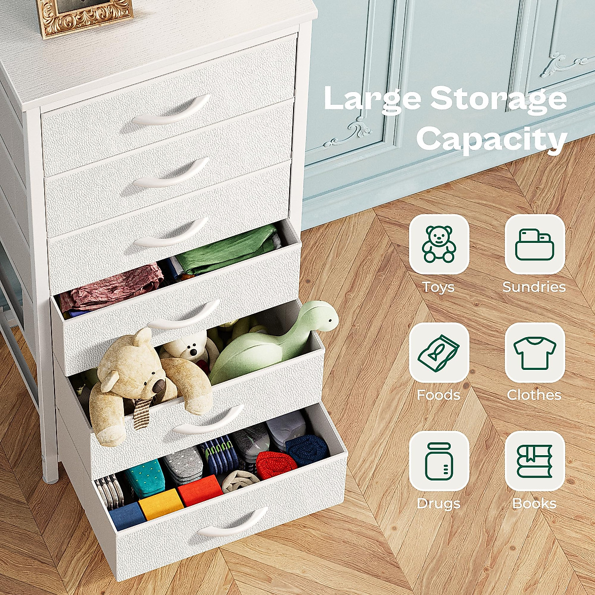 Huuger Tall Dresser for Bedroom, 6 Drawer Dresser & Chests of Drawers, Fabric Dresser for Closet, Bedroom, Night Stand, End Table with Metal Frame, Storage Tower with Fabric Bins, PU Leather, White