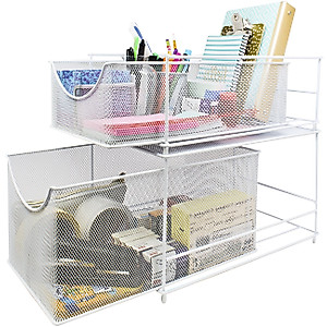 Sorbus® Cabinet Organizer Set—Mesh Storage Organizer with Pull Out Drawers—Ideal for Countertop, Cabinet, Pantry, Under the Sink, Desktop and More (White Two-Piece Set)
