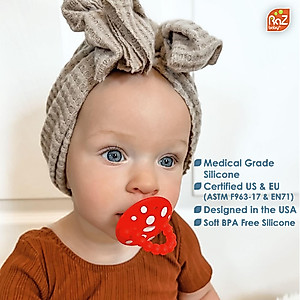 RaZbaby Chompy Teether for Infant & Baby 3M+ Teether Toy with Massaging Bristles for Teething Relief Pacifier - Soothes Sore Gums - Hands-Free & Easy-to-Hold Teether, BPA Free - RED/Green