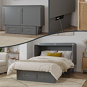 AFI Monroe Full Size Murphy Bed Chest with Mattress, Storage, & Built-in Charger in Grey
