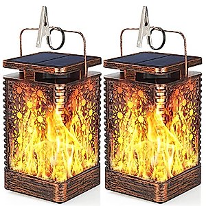 TOFU Solar Lights 6.6 Inch Outdoor Hanging Solar Lantern Set of 2, Flickering Flame LED Vintage Lantern Large Umbrella Lights for Garden Patio Porch Balcony Yard Cabin Decor, Bronze