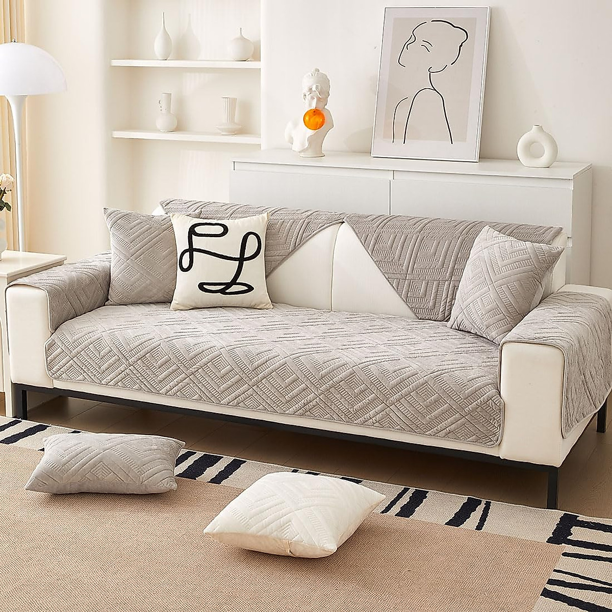 vctops Luxury Velvet Plush Couch Sofa Cover Geometric Quilted Sectional Couch Covers Anti-Slip Sofa Slipcovers for Dogs Cats Kids Loveseat Recliner L Shaped Armrest Backrest (Light Grey,43"x82")