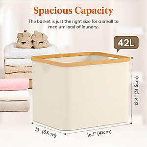 Lifewit 42L Collapsible Storage Bin with Bamboo Handles, Foldable Storage Basket for Organizer, Storage Cubes for Closet and Shelves, Dorm, Laundry Room, Bedroom, White, 3 Pack