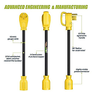 50 Amp to 30 Amp 4-Prongs Locking Generator Transfer Switch Adapter Cord, 50Amp Male to 30Amp Female, NEMA 14-50P to NEMA L14-30R, STW 10 Gauge Heavy Duty Generator Adapter Plug - 18in, 1.5ft