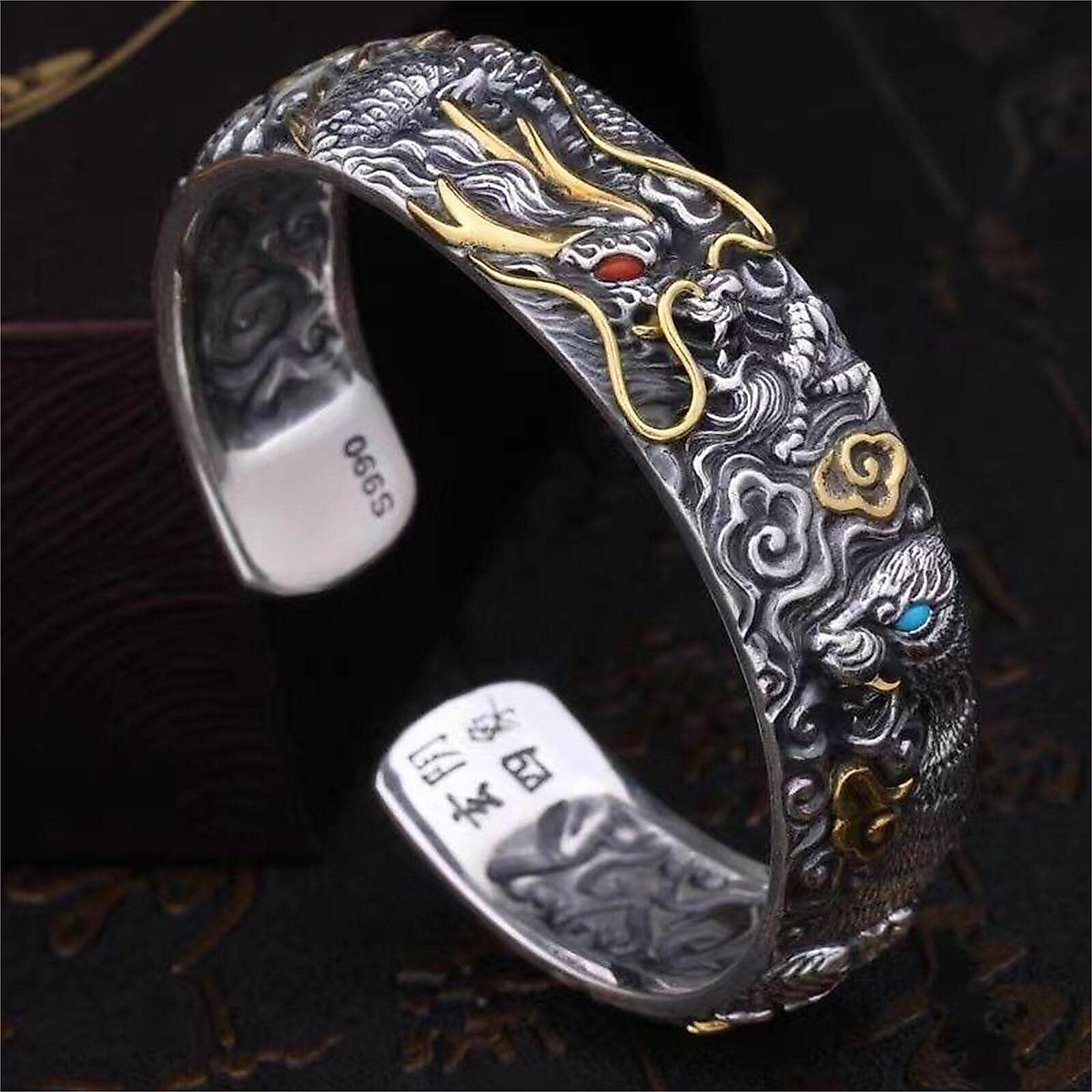 poceton Feng Shui Dragon Fortune Bangle,Green Dragon - White Tiger - Vermilion Bird - Xuanwu - 4 Divine Beasts Pattern Open Bracelet