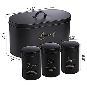 Hacaroa Set of 4 Bread Box and Canister Set for Kitchen Countertop, Metal Bread Bin Sugar Tea Coffee Storage Canister with Lid, Biscuit Tin Set for Loaf, Pastry, Dry Food, Black