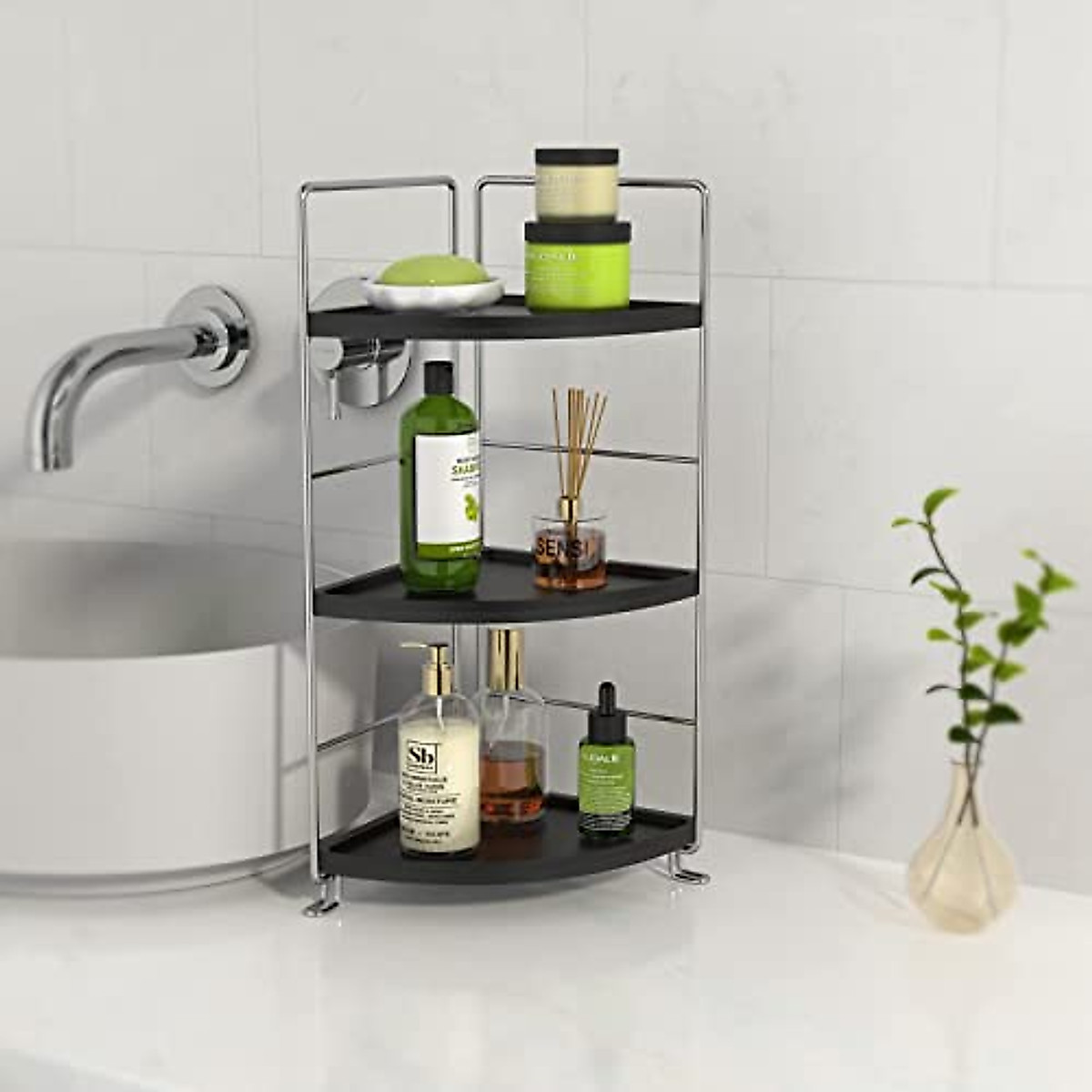 JANUS LiANG 3-Tier Corner Bathroom Organizer Countertop - Makeup Perfume Storage Standing Shelf Bathroom Tray or Kitchen Spice Rack, Black and Silver