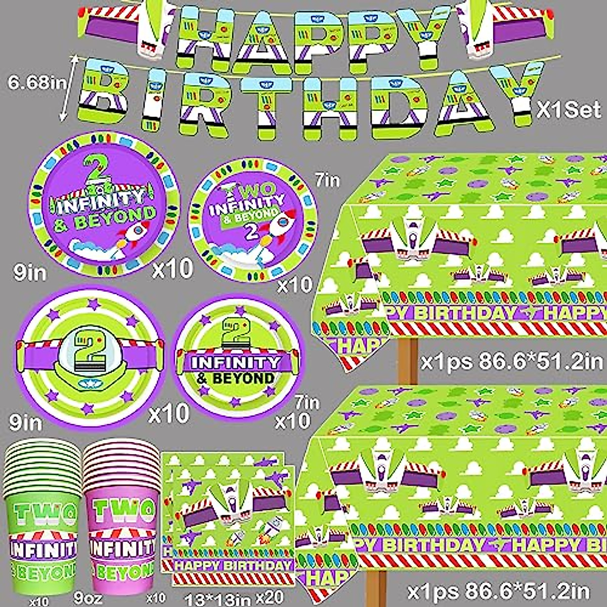 METIXOZE Two Infinity and Beyond Birthday Decorations Buzz Cartoon Light inspired Year Toy Inspired Story Birthday Party Supplies 2nd Birthday include Banner Table Cloth Plate Napkins and Cups