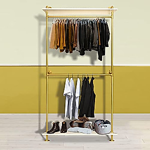 lesolar Industrial Pipe Double Hanging Rods Clothing Rack Gold Clothing Rack,90.55" H Wall Mounted Garment Rack Storage Clothes Hanging Shelf Suitable for Bedroom, Retail Clothing Store, Boutique