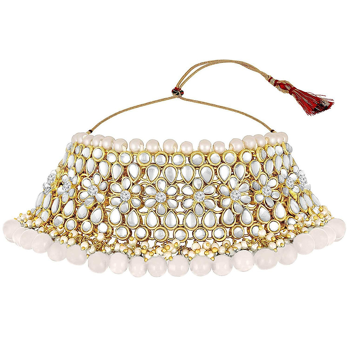 Aheli Elegant Indian Traditional Wedding Wear Kundan Pearl Encrusted Choker Necklace Set with Jhumki Earrings Ethnic Bollywood Party for Women (White)