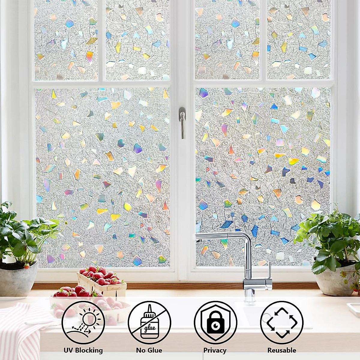 NINETREX Window Privacy Film,Stained Glass Frosted Window Film,Decorative 3D Vinyl Cling Decals,Static Cling Sticker Non-Adhesive for Home,Colorful Gravel,17.5 x 157.4Inches