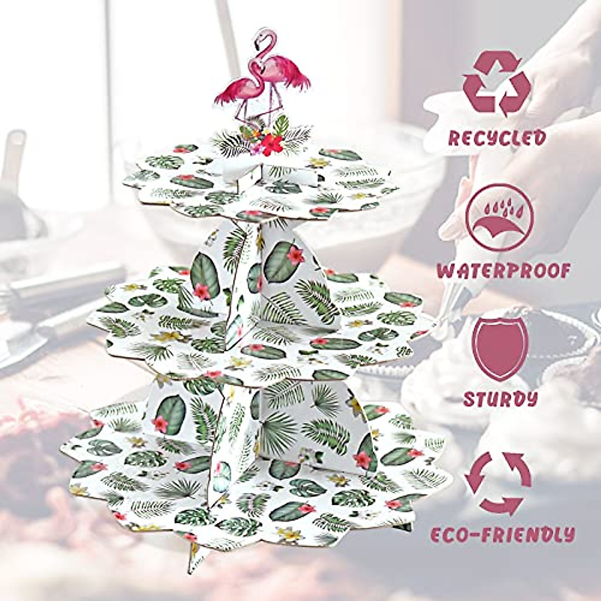 BORAMDO Flamingo Cardboard Cupcake Stand，3-Tier Tropical Leaves Pattern Dessert Tower，Hawaiian Luau Cake Holders for 24 Cupcakes, Kids Birthday Baby Shower Wedding Party Supplies (Hawaii Leaves)