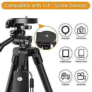 63" Tripod Stand for 4"-13" Phone & Tablet, Camera Tripod Stand with Rechargeable Remote & Bag, Aluminum Professional Tripod 2 in 1 Mount & 1/4" Screw Tripods for iPhone, iPad, Camera, Projector
