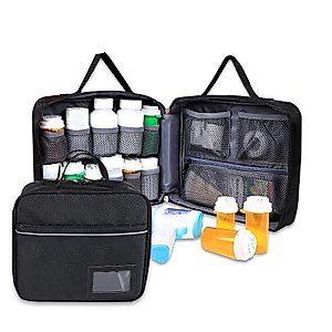 Pill Bottle Organizer, Medicine Bag Storage Medication Pill Box Case with Handle & Fixed Pockets, Travel Medicine Storage Box Bag for Vitamins, Medications, Medical Supplies, Large, Black
