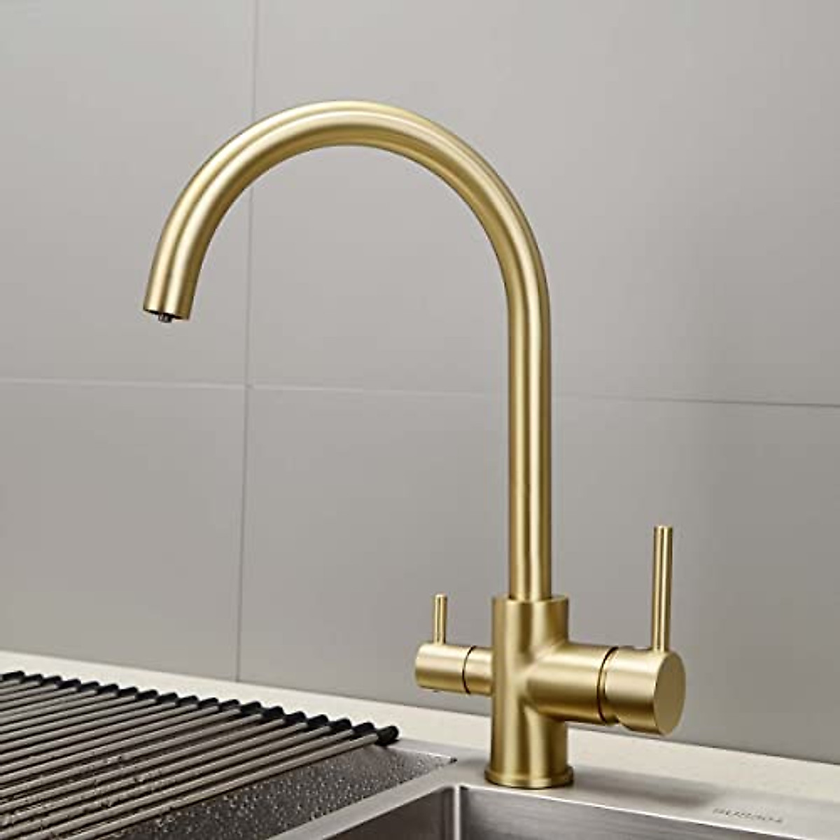 Techzm Tri Flow Water Filtration Kitchen Faucet 3 Way Water Filter Taps Brushed Golden