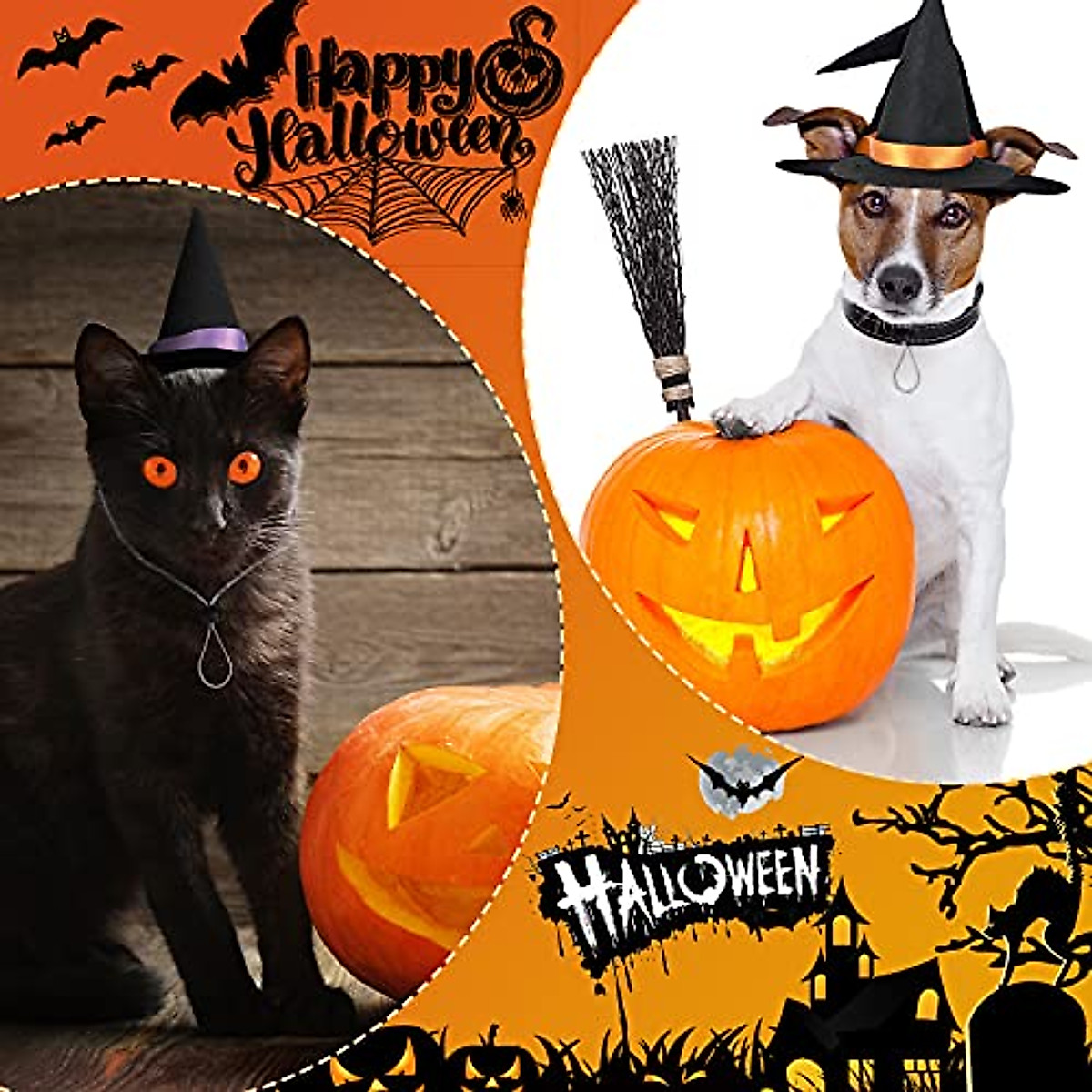 6 Pieces Halloween Cat Witch Hat Puppy Halloween Cosplay Witch Hats with Adjustable Elastic Chin Strap for Pets Cats Small Dogs Cosplay Outfit Halloween Costume Party Decoration Accessories, 2 Styles
