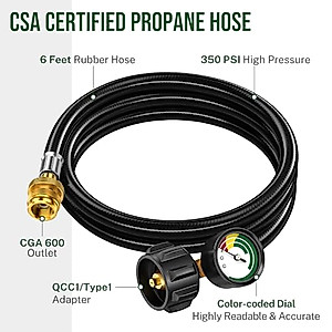 Alloxity 6FT Propane Hose Adapter 1lb to 20lb, Propane Tank Hose with Gauge, Propane Adapter 20lb to 1lb Converter, Adapter Hose for Weber Q Grill, Coleman Camp Stove, Blackstone Griddle, Buddy Heater