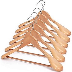 JS HANGER Wooden Suit Hangers, 6 Pack Extra-Wide Shoulder wood Coat Hangers with Non Slip Pant Bar, Extra Smooth and Splinter Free Natural Finish